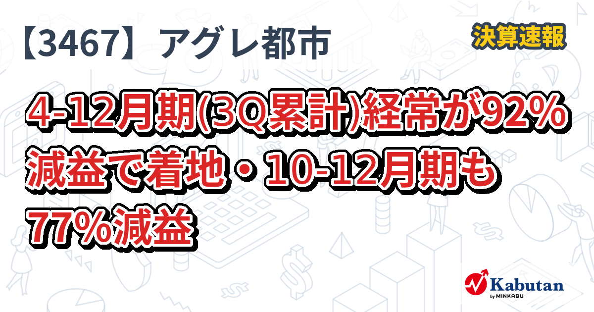 アグレ都市デザイン【3467】、4-12月期(3Q累計)経常が92％減益で着地・10-12月期も77％減益 | 決算速報 - 株探ニュース