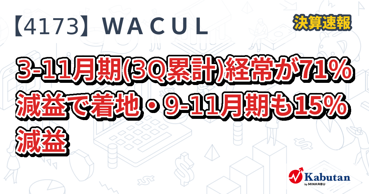 WACUL【4173】、3-11月期(3Q累計)経常が71％減益で着地・9-11月期も15％減益 | 決算速報 - 株探ニュース