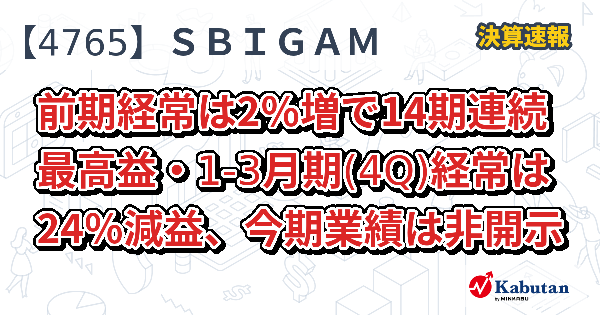 SBIグローバルアセットマネジメント【4765】、前期経常は2％増で14期連続最高益・1-3月期(4Q)経常は24％減益、今期業績は非開示 | 決算速報 - 株探ニュース