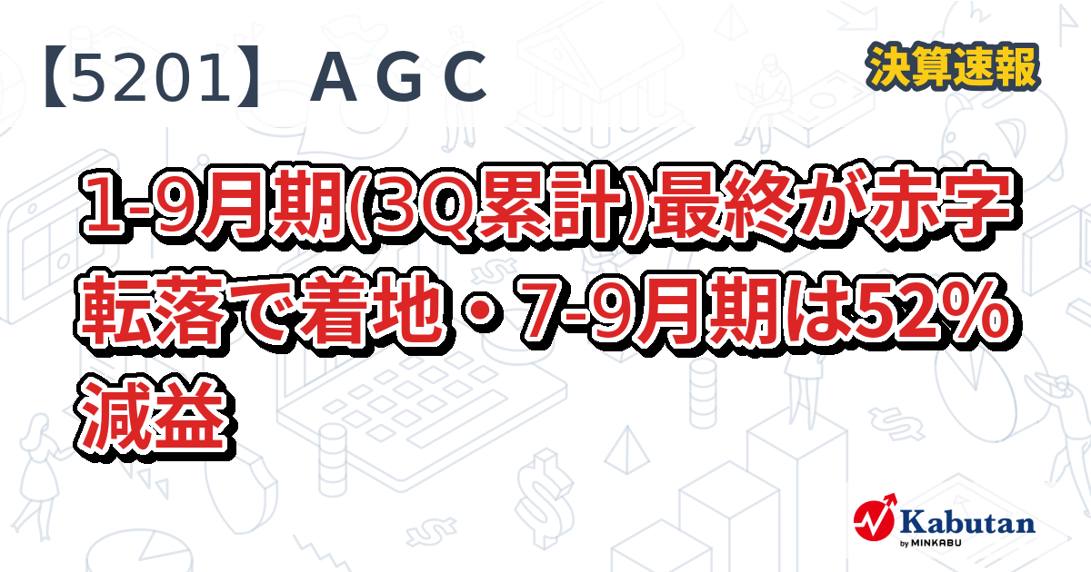 AGC【5201】、1-9月期(3Q累計)最終が赤字転落で着地・7-9月期は52％減益 | 決算速報 - 株探ニュース