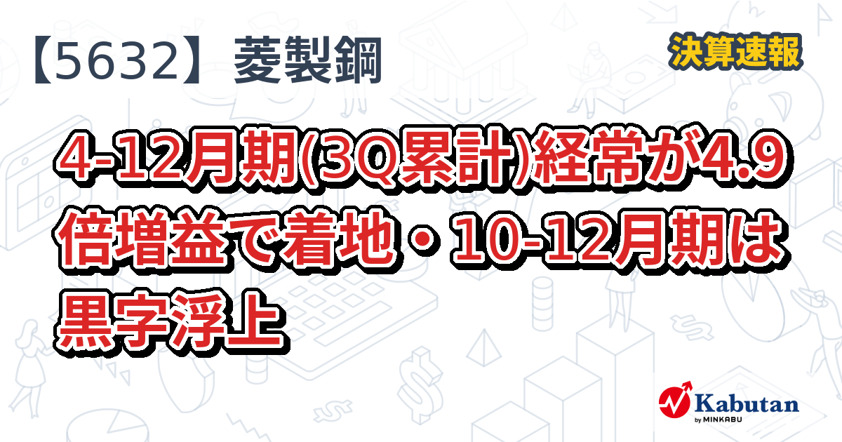 三菱製鋼【5632】、4-12月期(3Q累計)経常が4.9倍増益で着地・10-12月期は黒字浮上 | 決算速報 - 株探ニュース