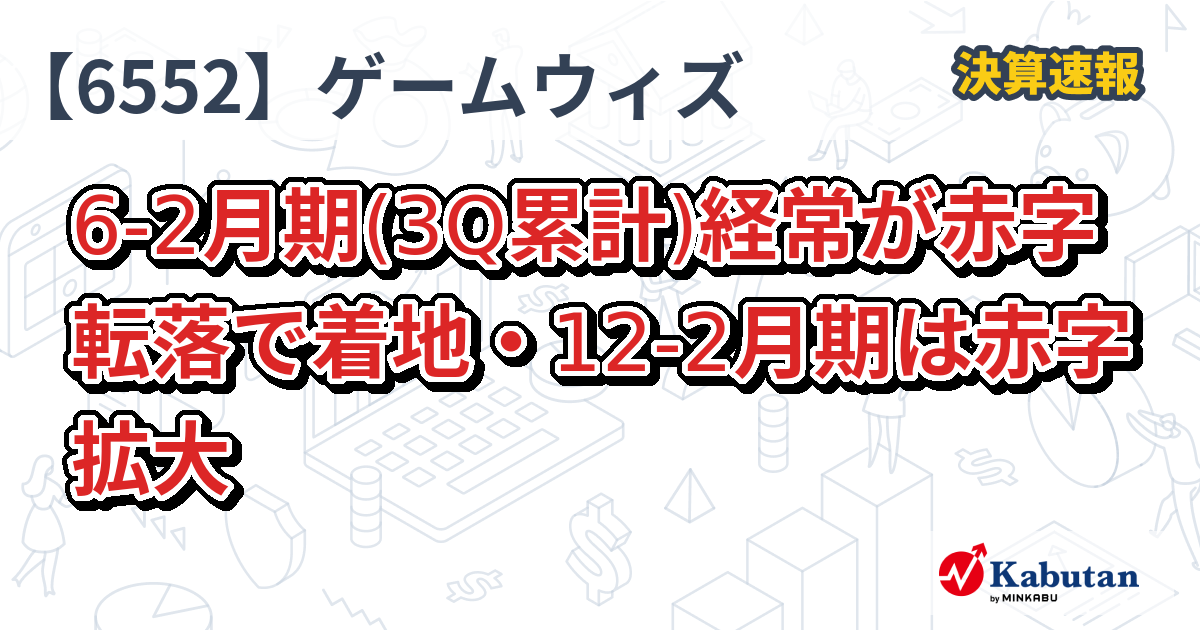 GameWith【6552】、6-2月期(3Q累計)経常が赤字転落で着地・12-2月期は赤字拡大 | 決算速報 - 株探ニュース