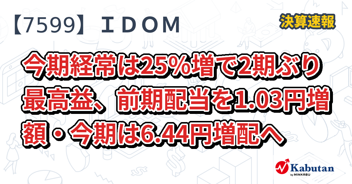 IDOM【7599】、今期経常は25％増で2期ぶり最高益、前期配当を1.03円増額・今期は6.44円増配へ | 決算速報 - 株探ニュース
