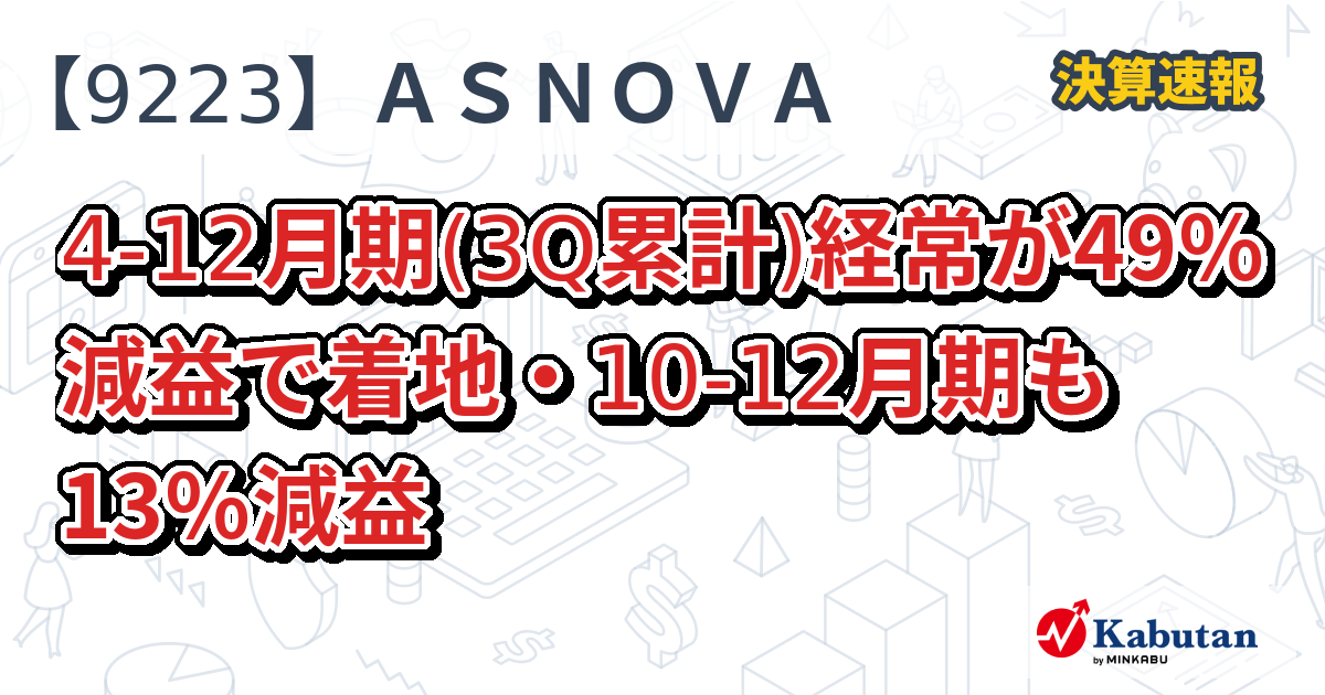 ASNOVA【9223】、4-12月期(3Q累計)経常が49％減益で着地・10-12月期も13％減益 | 決算速報 - 株探ニュース