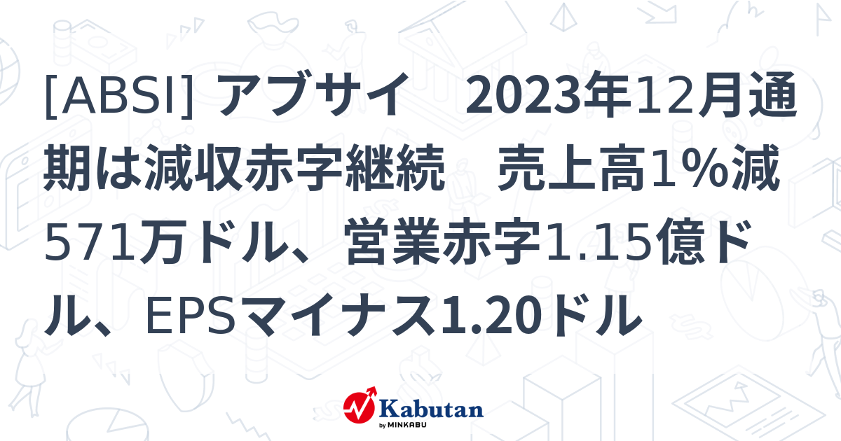 [ABSI] アブサイ 2023年12月通期は減収赤字継続 売上高1％減571万ドル、営業赤字1.15億ドル、EPSマイナス1.20ドル ...
