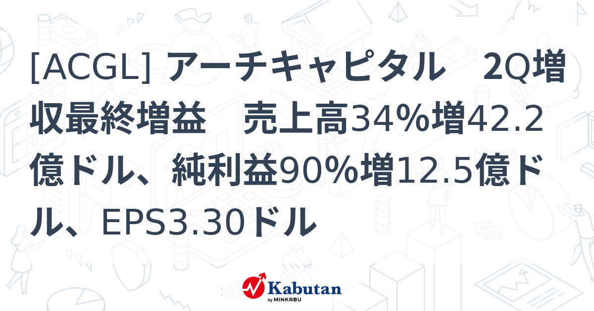 [ACGL] アーチキャピタル 2Q増収最終増益 売上高34％増42.2億ドル、純利益90％増12.5億ドル、EPS3.30ドル - 株探 ...