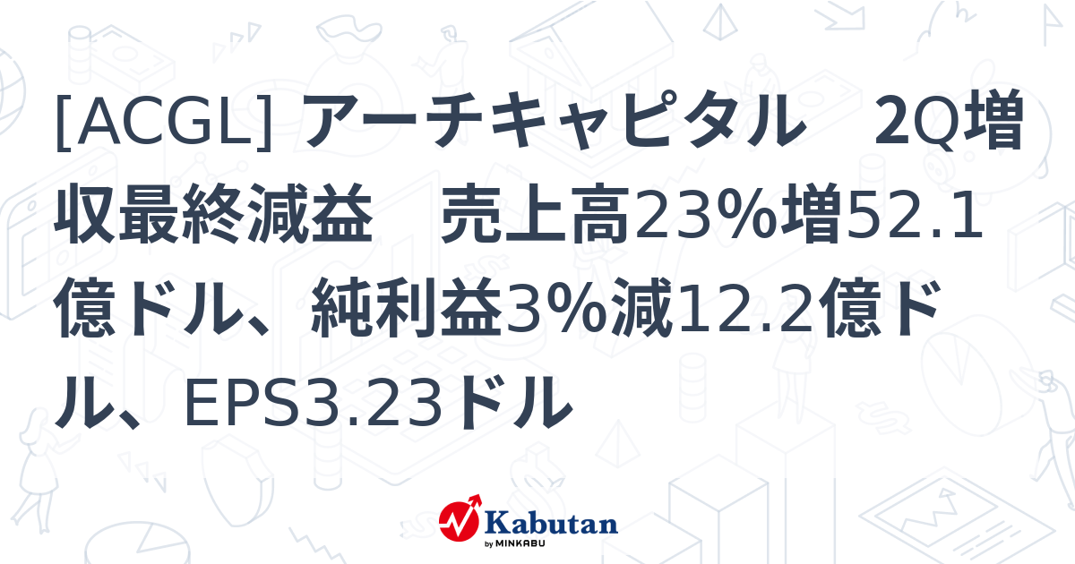 [ACGL] アーチキャピタル 2Q増収最終減益 売上高23％増52.1億ドル、純利益3％減12.2億ドル、EPS3.23ドル - 株探(かぶたん)｜米国株