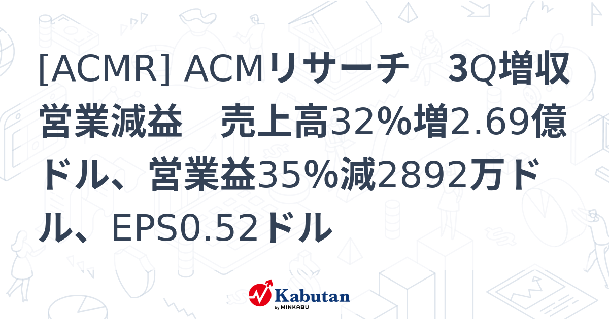 [ACMR] ACMリサーチ 3Q増収営業減益 売上高32％増2.69億ドル、営業益35％減2892万ドル、EPS0.52ドル - 株探 ...