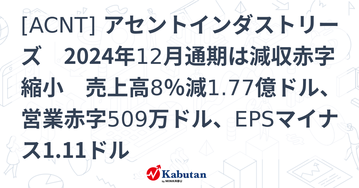 [ACNT] アセントインダストリーズ 2024年12月通期は減収赤字縮小 売上高8％減1.77億ドル、営業赤字509万ドル、EPSマイナス1 ...