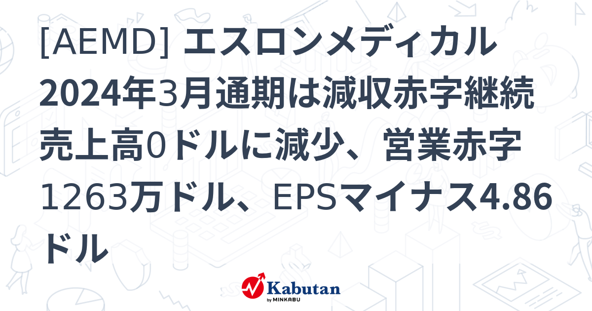 [AEMD] エスロンメディカル 2024年3月通期は減収赤字継続 売上高0ドルに減少、営業赤字1263万ドル、EPSマイナス4.86ドル ...