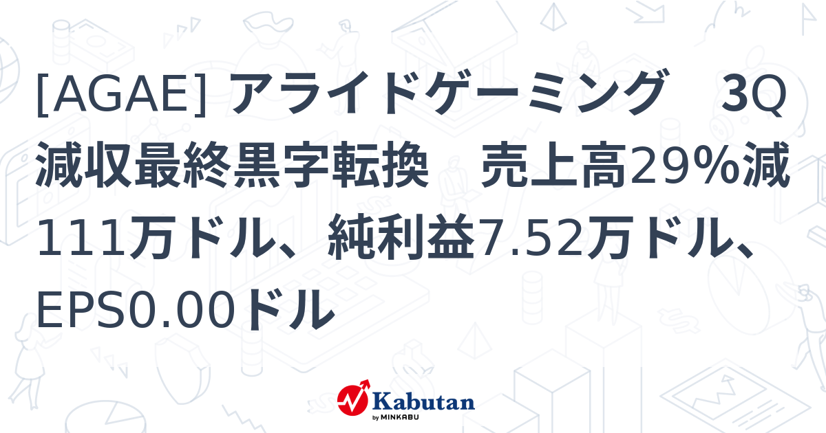 [AGAE] アライドゲーミング 3Q減収最終黒字転換 売上高29％減111万ドル、純利益7.52万ドル、EPS0.00ドル - 株探 ...