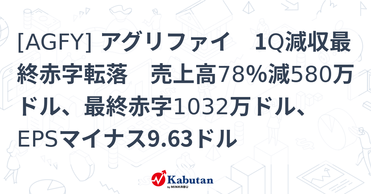 [AGFY] アグリファイ 1Q減収最終赤字転落 売上高78％減580万ドル、最終赤字1032万ドル、EPSマイナス9.63ドル - 株探(かぶたん)｜米国株