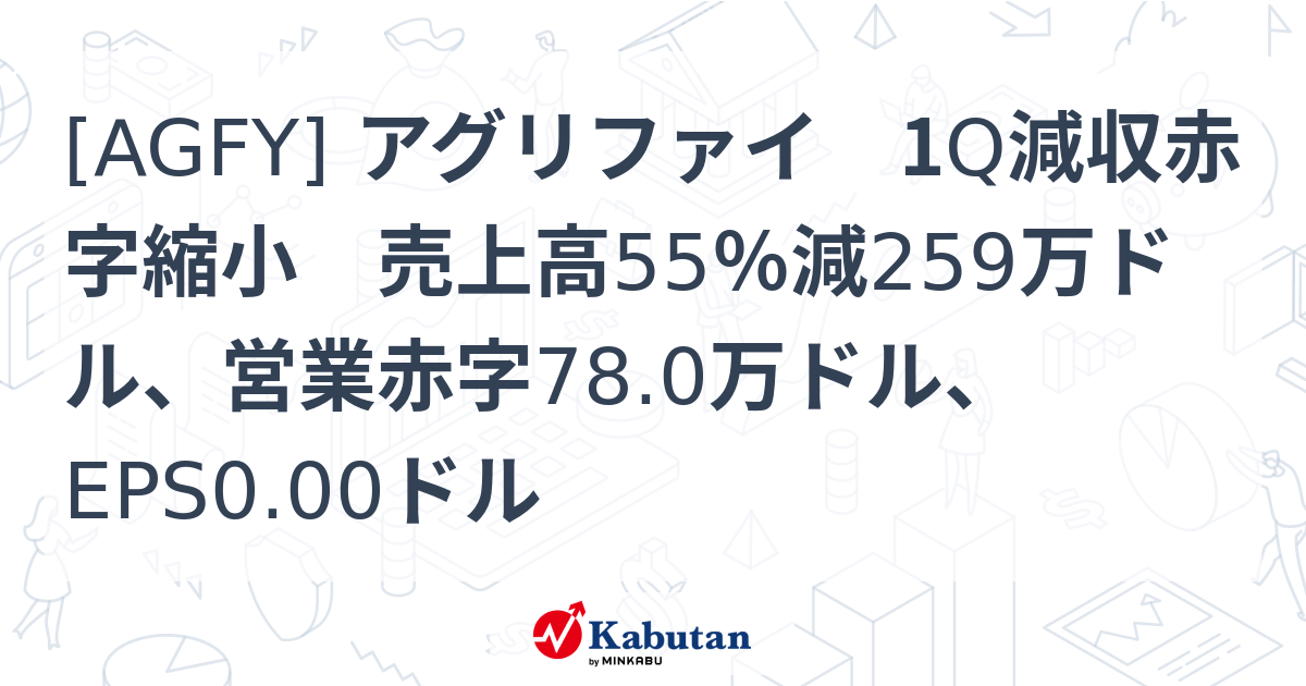 [AGFY] アグリファイ 1Q減収赤字縮小 売上高55％減259万ドル、営業赤字78.0万ドル、EPS0.00ドル - 株探(かぶたん)｜米国株