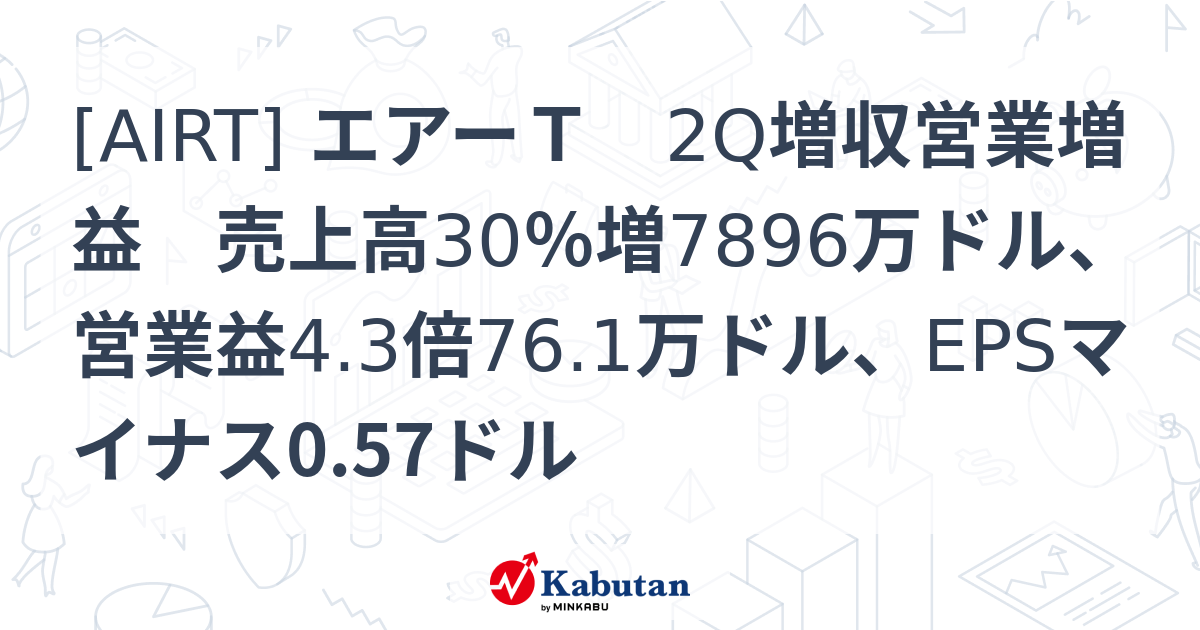 [AIRT] エアーT 2Q増収営業増益 売上高30％増7896万ドル、営業益4.3倍76.1万ドル、EPSマイナス0.57ドル - 株探 ...