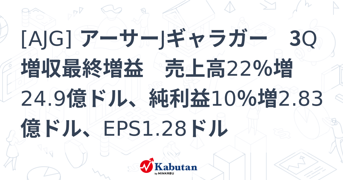 [AJG] アーサーJギャラガー 3Q増収最終増益 売上高22％増24.9億ドル、純利益10％増2.83億ドル、EPS1.28ドル - 株探 ...