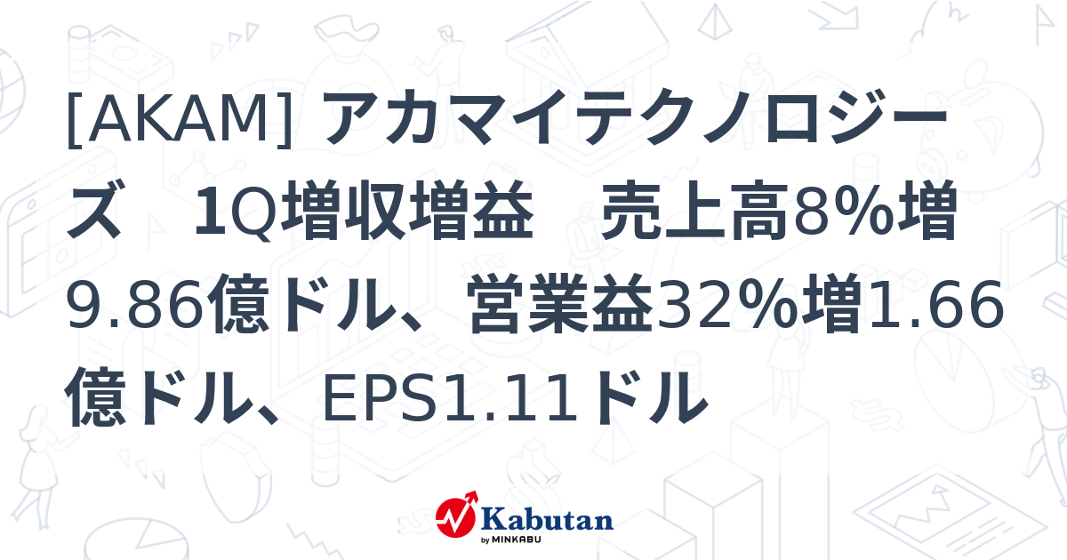 [AKAM] アカマイテクノロジーズ 1Q増収増益 売上高8％増9.86億ドル、営業益32％増1.66億ドル、EPS1.11ドル | 個別株 - 株探ニュース