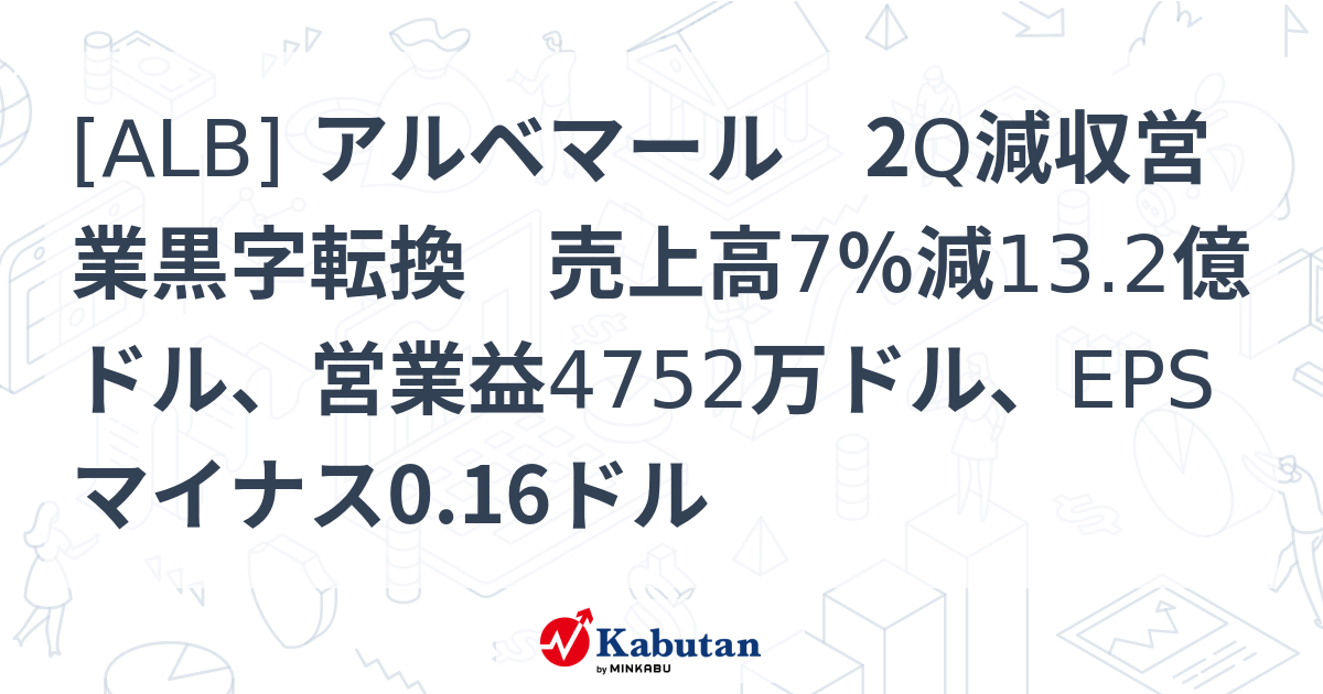 [ALB] アルベマール 2Q減収営業黒字転換 売上高7％減13.2億ドル、営業益4752万ドル、EPSマイナス0.16ドル - 株探 ...