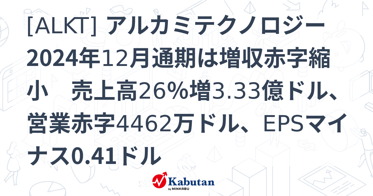 [ALKT] アルカミテクノロジー 2024年12月通期は増収赤字縮小 売上高26％増3.33億ドル、営業赤字4462万ドル、EPSマイナス0 ...