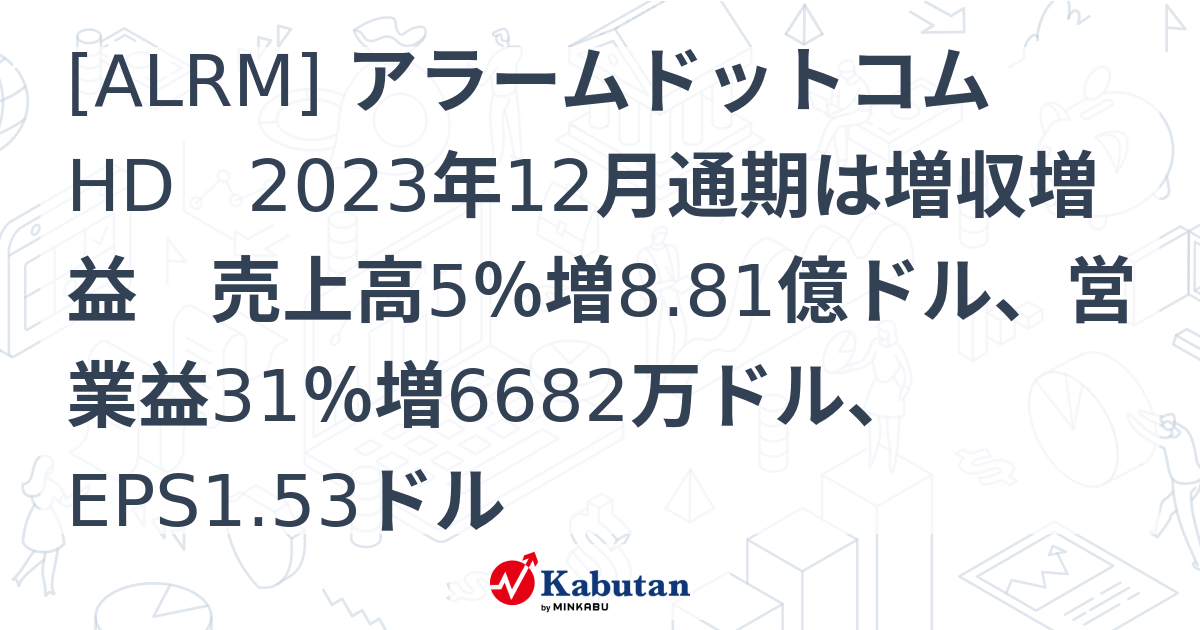 [ALRM] アラームドットコムHD 2023年12月通期は増収増益 売上高5％増8.81億ドル、営業益31％増6682万ドル、EPS1.53 ...
