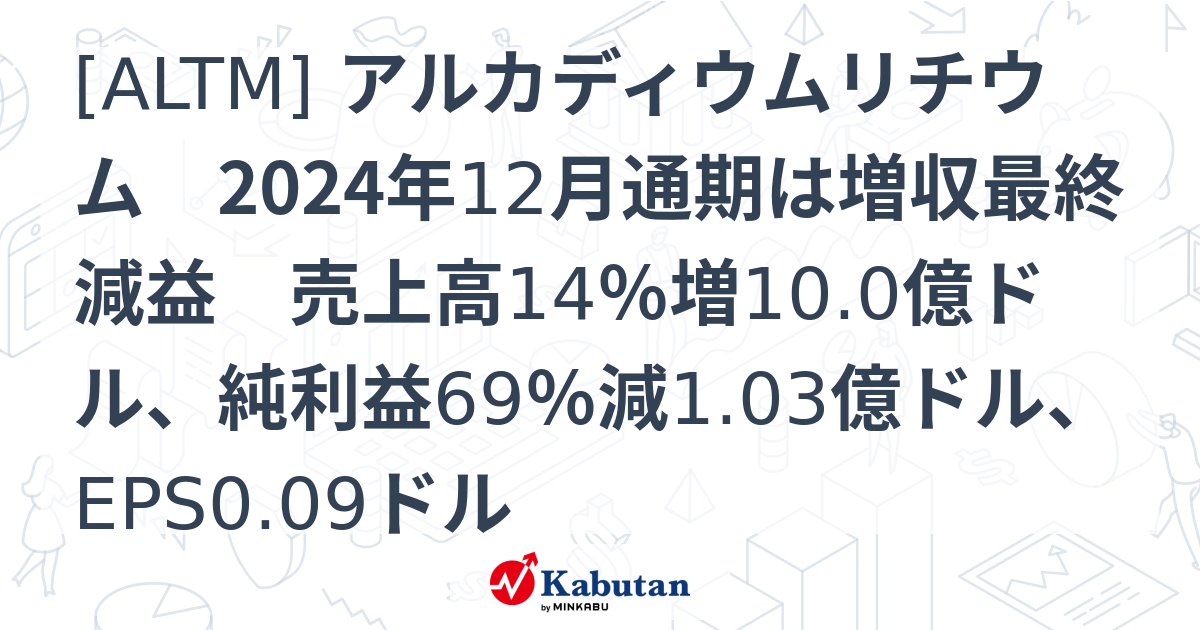 [ALTM] アルカディウムリチウム 2024年12月通期は増収最終減益 売上高14％増10.0億ドル、純利益69％減1.03億ドル、EPS0 ...