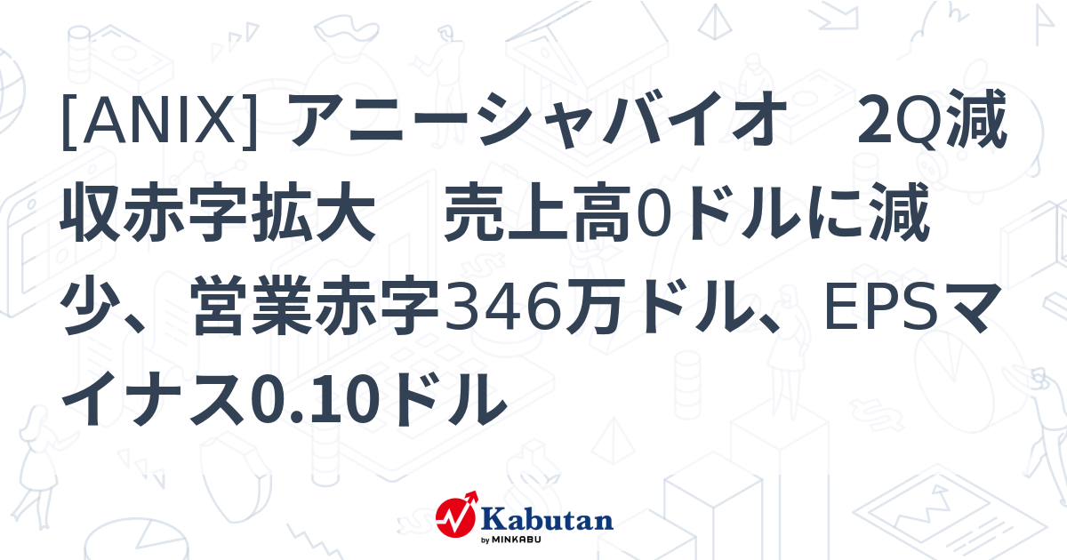 [ANIX] アニーシャバイオ 2Q減収赤字拡大 売上高0ドルに減少、営業赤字346万ドル、EPSマイナス0.10ドル - 株探(かぶたん)｜米国株