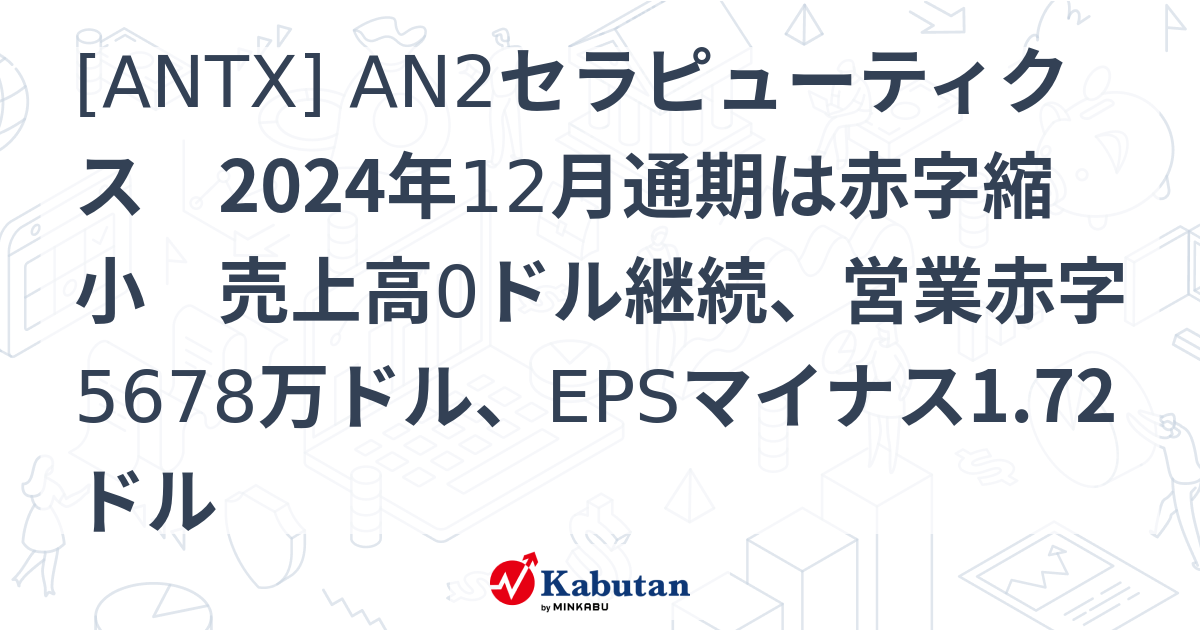 [ANTX] AN2セラピューティクス 2024年12月通期は赤字縮小 売上高0ドル継続、営業赤字5678万ドル、EPSマイナス1.72ドル - 株探(かぶたん)｜米国株