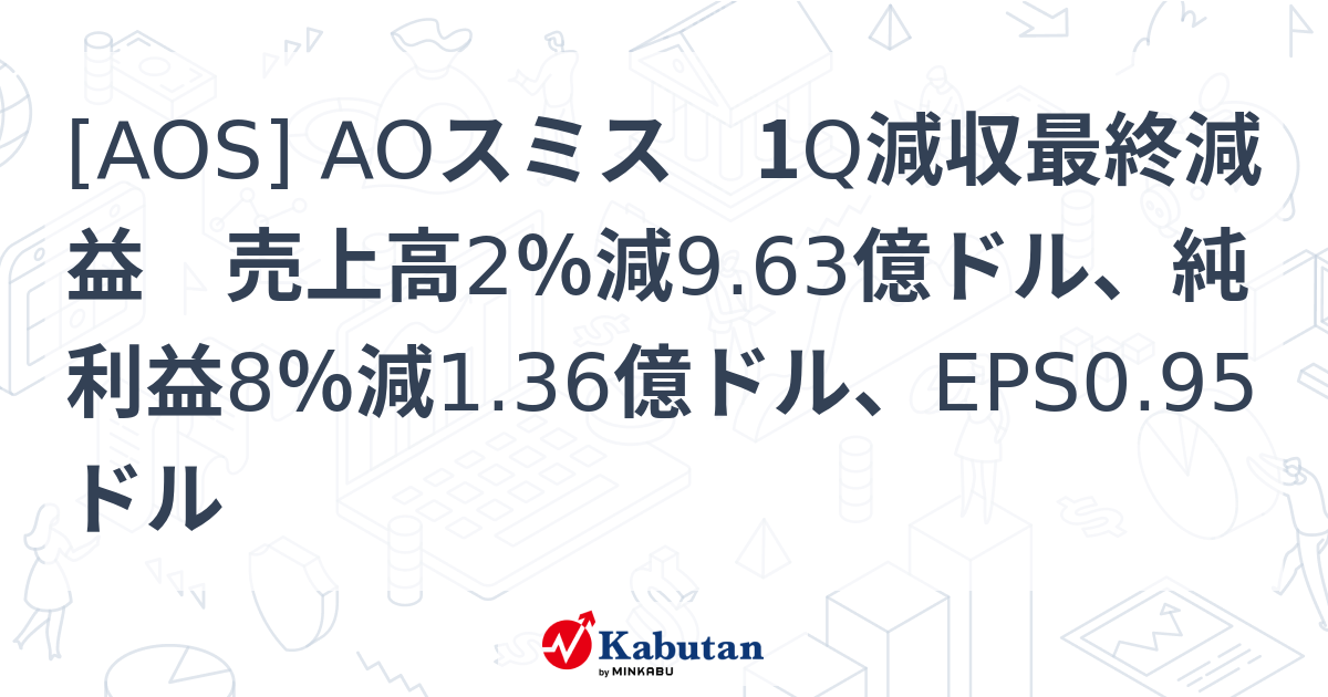 [AOS] AOスミス 1Q減収最終減益 売上高2％減9.63億ドル、純利益8％減1.36億ドル、EPS0.95ドル - 株探(かぶたん)｜米国株