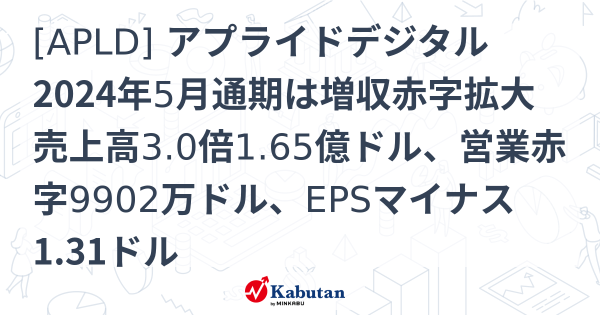 [APLD] アプライドデジタル 2024年5月通期は増収赤字拡大 売上高3.0倍1.65億ドル、営業赤字9902万ドル、EPSマイナス1. ...