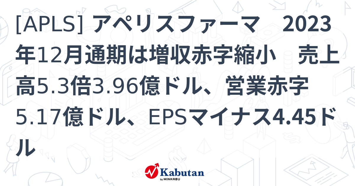 [APLS] アペリスファーマ 2023年12月通期は増収赤字縮小 売上高5.3倍3.96億ドル、営業赤字5.17億ドル、EPSマイナス4. ...