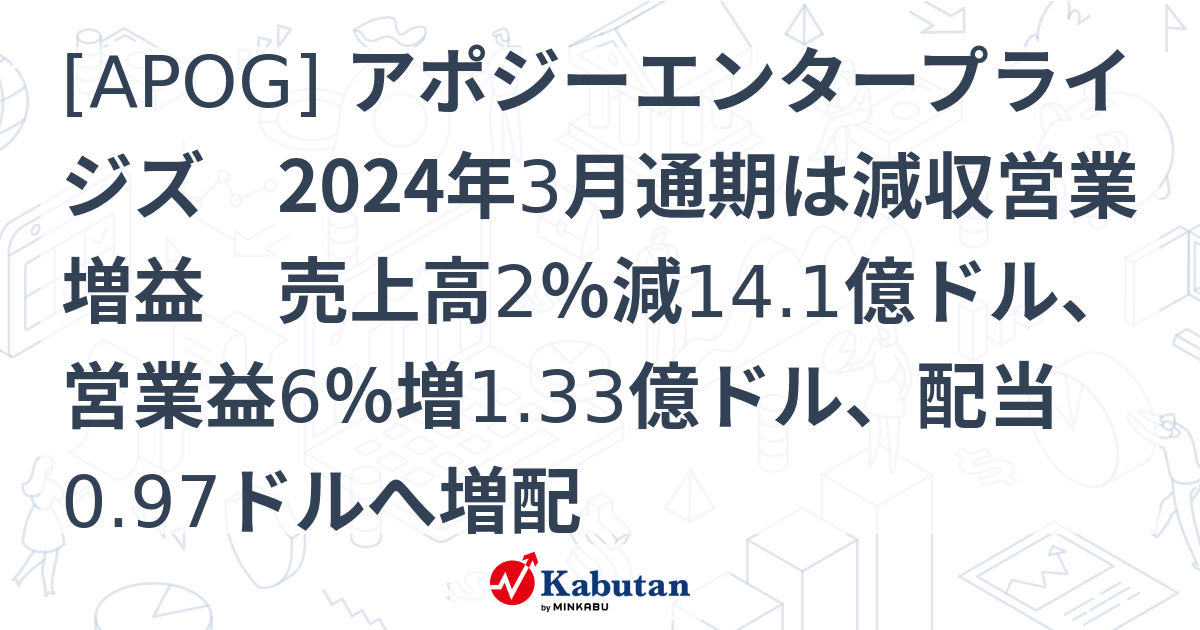 [APOG] アポジーエンタープライジズ 2024年3月通期は減収営業増益 売上高2％減14.1億ドル、営業益6％増1.33億ドル、配当0. ...