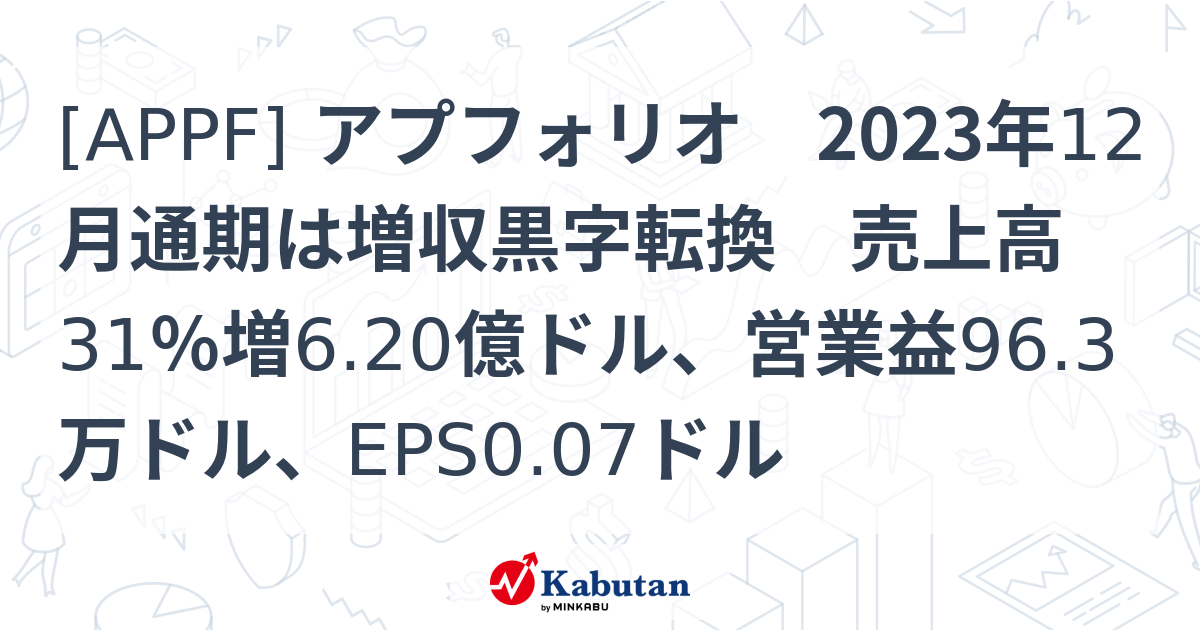[APPF] アプフォリオ 2023年12月通期は増収黒字転換 売上高31％増6.20億ドル、営業益96.3万ドル、EPS0.07ドル ...