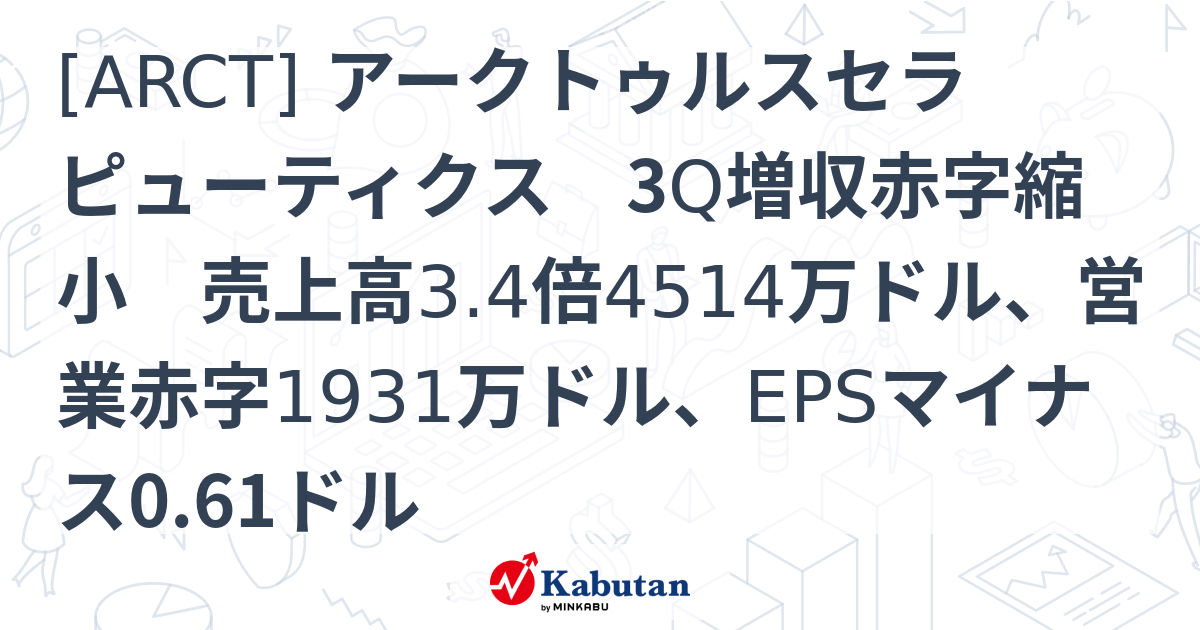 [ARCT] アークトゥルスセラピューティクス 3Q増収赤字縮小 売上高3.4倍4514万ドル、営業赤字1931万ドル、EPSマイナス0.61 ...