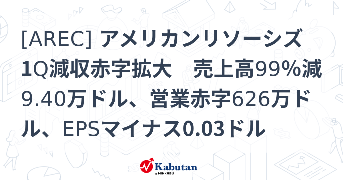 [AREC] アメリカンリソーシズ 1Q減収赤字拡大 売上高99％減9.40万ドル、営業赤字626万ドル、EPSマイナス0.03ドル - 株探 ...