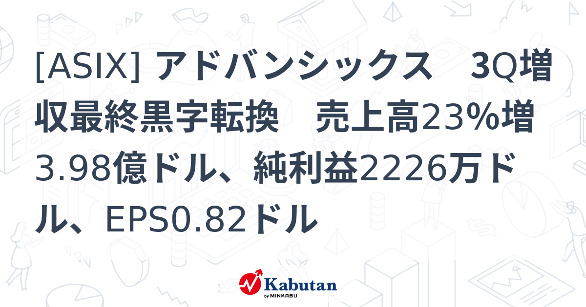 [ASIX] アドバンシックス 3Q増収最終黒字転換 売上高23％増3.98億ドル、純利益2226万ドル、EPS0.82ドル - 株探 ...