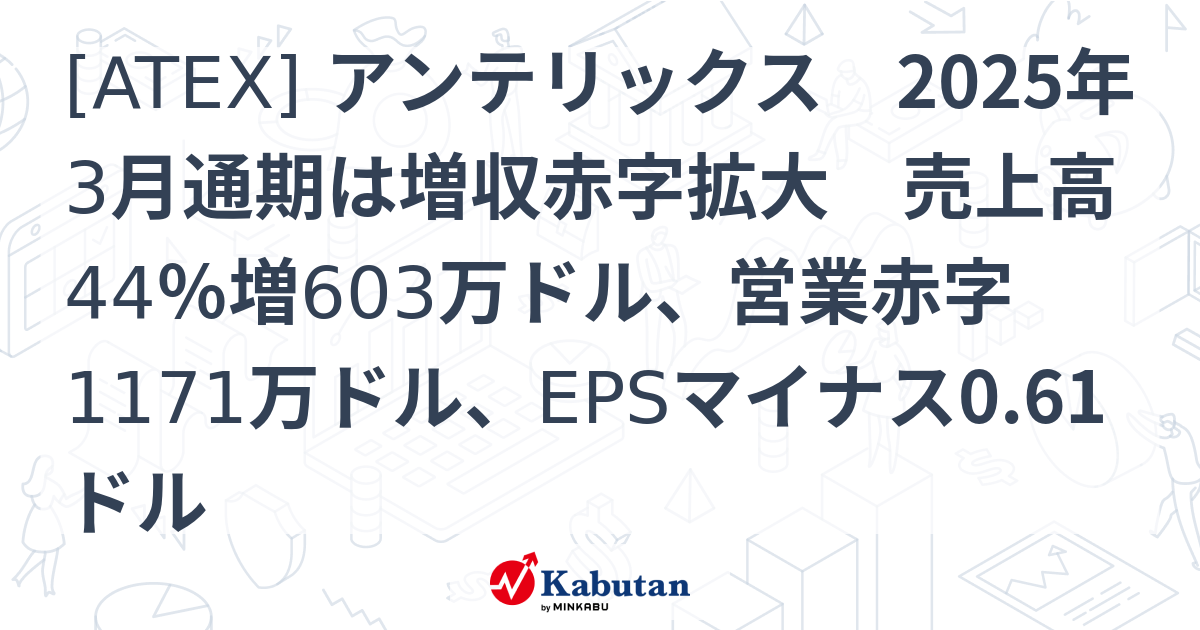 [ATEX] アンテリックス 2025年3月通期は増収赤字拡大 売上高44％増603万ドル、営業赤字1171万ドル、EPSマイナス0.61ドル ...