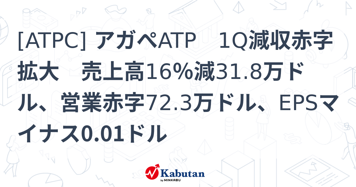 [ATPC] アガぺATP 1Q減収赤字拡大 売上高16％減31.8万ドル、営業赤字72.3万ドル、EPSマイナス0.01ドル - 株探 ...