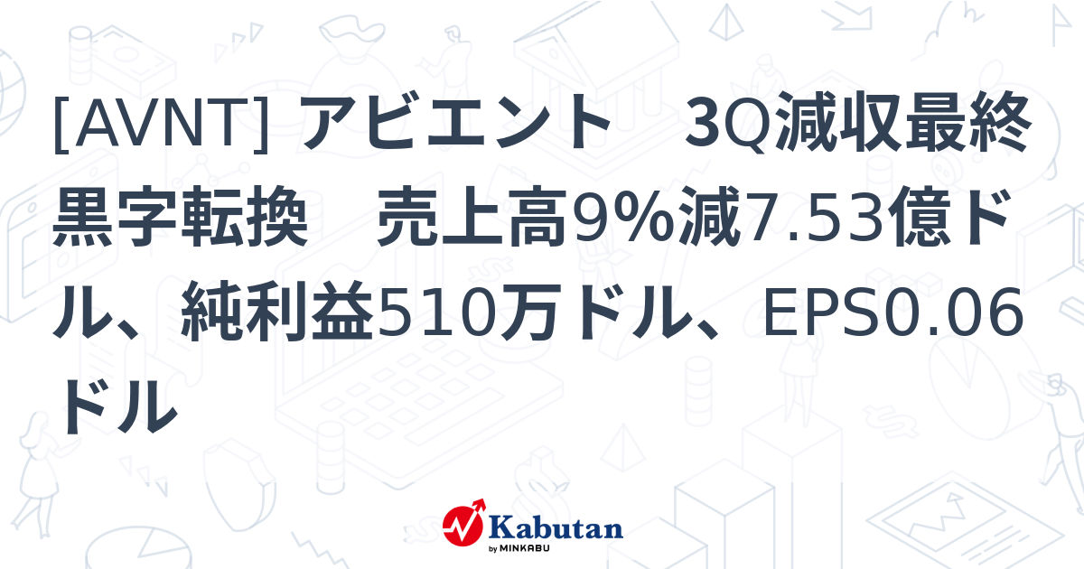 [AVNT] アビエント 3Q減収最終黒字転換 売上高9％減7.53億ドル、純利益510万ドル、EPS0.06ドル - 株探(かぶたん)｜米国株
