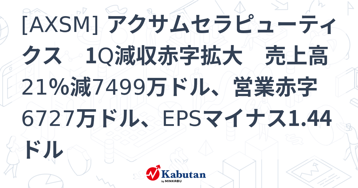 [AXSM] アクサムセラピューティクス 1Q減収赤字拡大 売上高21％減7499万ドル、営業赤字6727万ドル、EPSマイナス1.44ドル ...