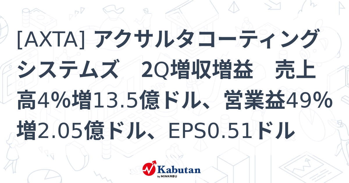 [AXTA] アクサルタコーティングシステムズ 2Q増収増益 売上高4％増13.5億ドル、営業益49％増2.05億ドル、EPS0.51ドル ...