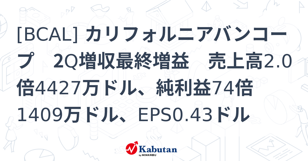 [BCAL] カリフォルニアバンコープ 2Q増収最終増益 売上高2.0倍4427万ドル、純利益74倍1409万ドル、EPS0.43ドル ...