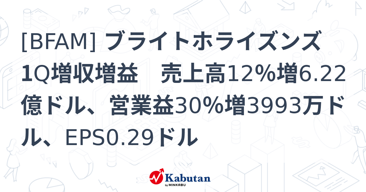 [BFAM] ブライトホライズンズ 1Q増収増益 売上高12％増6.22億ドル、営業益30％増3993万ドル、EPS0.29ドル - 株探 ...