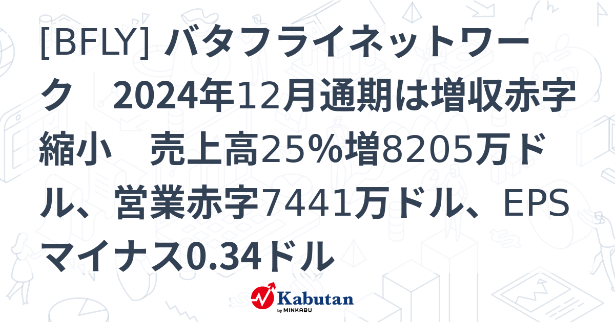 [BFLY] バタフライネットワーク 2024年12月通期は増収赤字縮小 売上高25％増8205万ドル、営業赤字7441万ドル、EPSマイナス ...