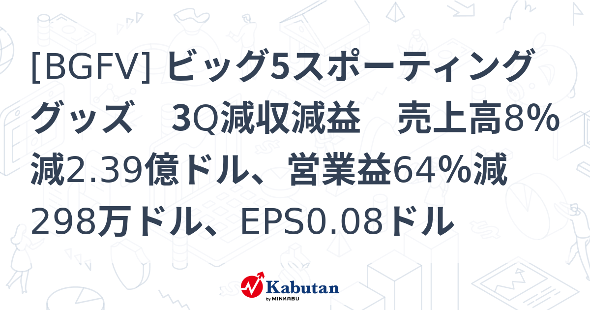 [BGFV] ビッグ5スポーティンググッズ 3Q減収減益 売上高8％減2.39億ドル、営業益64％減298万ドル、EPS0.08ドル - 株探 ...
