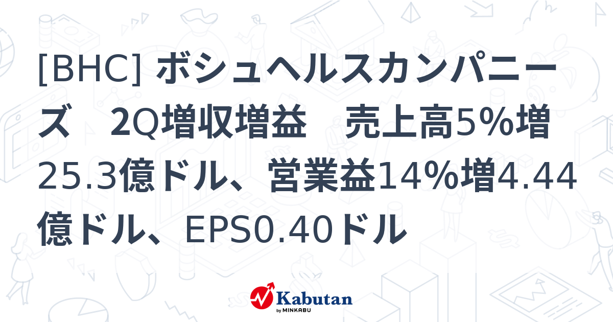 [BHC] ボシュヘルスカンパニーズ 2Q増収増益 売上高5％増25.3億ドル、営業益14％増4.44億ドル、EPS0.40ドル - 株探(かぶたん)｜米国株