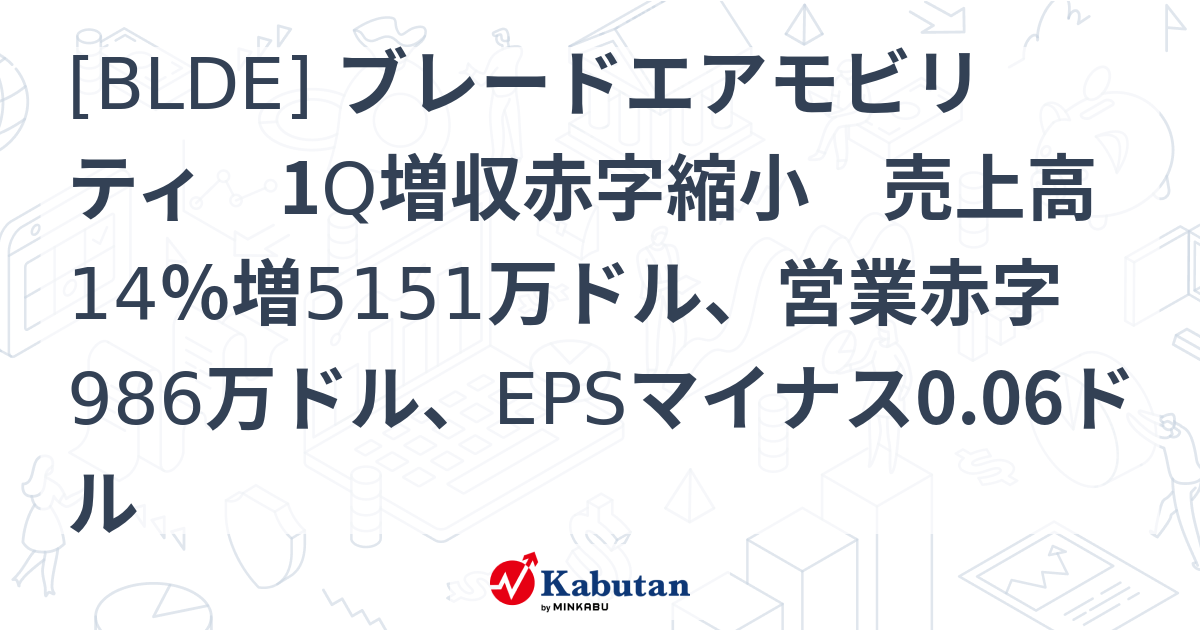 [BLDE] ブレードエアモビリティ 1Q増収赤字縮小 売上高14％増5151万ドル、営業赤字986万ドル、EPSマイナス0.06ドル ...