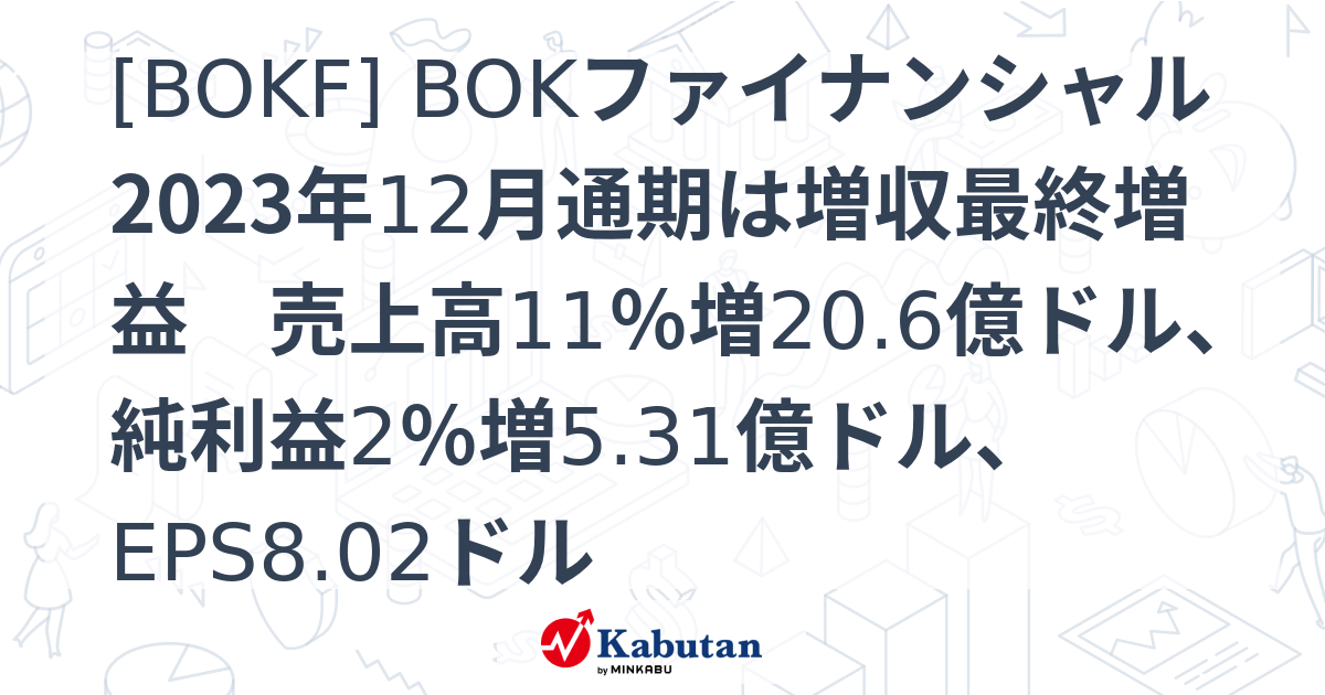 [BOKF] BOKファイナンシャル 2023年12月通期は増収最終増益 売上高11％増20.6億ドル、純利益2％増5.31億ドル、EPS8 ...