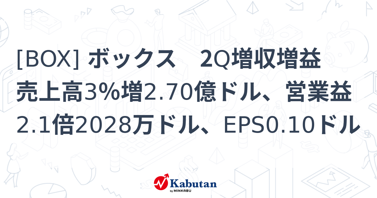[BOX] ボックス 2Q増収増益 売上高3％増2.70億ドル、営業益2.1倍2028万ドル、EPS0.10ドル | 個別株 - 株探ニュース