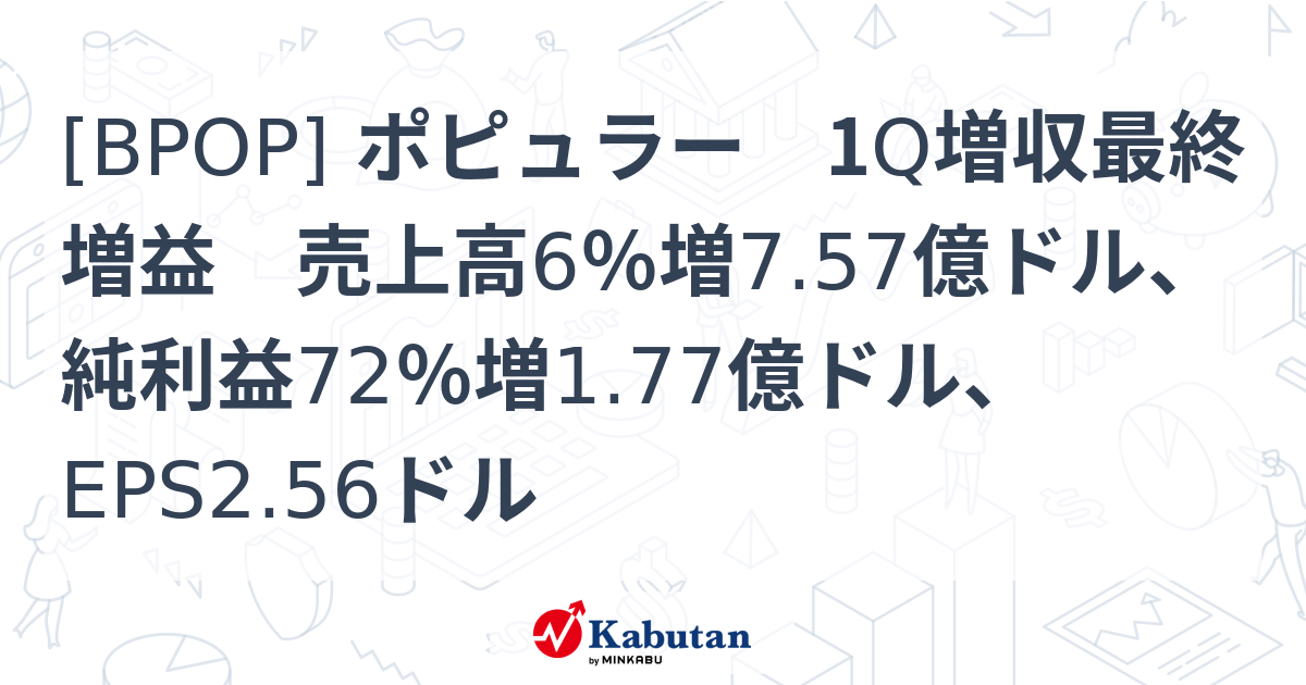 [BPOP] ポピュラー 1Q増収最終増益 売上高6％増7.57億ドル、純利益72％増1.77億ドル、EPS2.56ドル - 株探(かぶたん)｜米国株