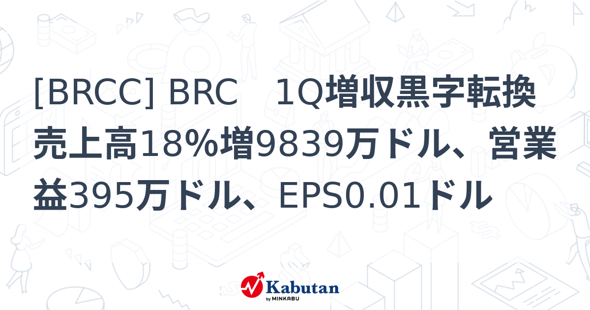 [BRCC] BRC 1Q増収黒字転換 売上高18％増9839万ドル、営業益395万ドル、EPS0.01ドル - 株探(かぶたん)｜米国株