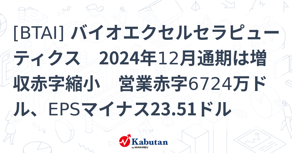 [BTAI] バイオエクセルセラピューティクス 2024年12月通期は増収赤字縮小 営業赤字6724万ドル、EPSマイナス23.51ドル ...